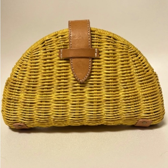J. Crew | Bags | J Crew Yellow Rattan Fan Clutch Leather Summer Wicker ...